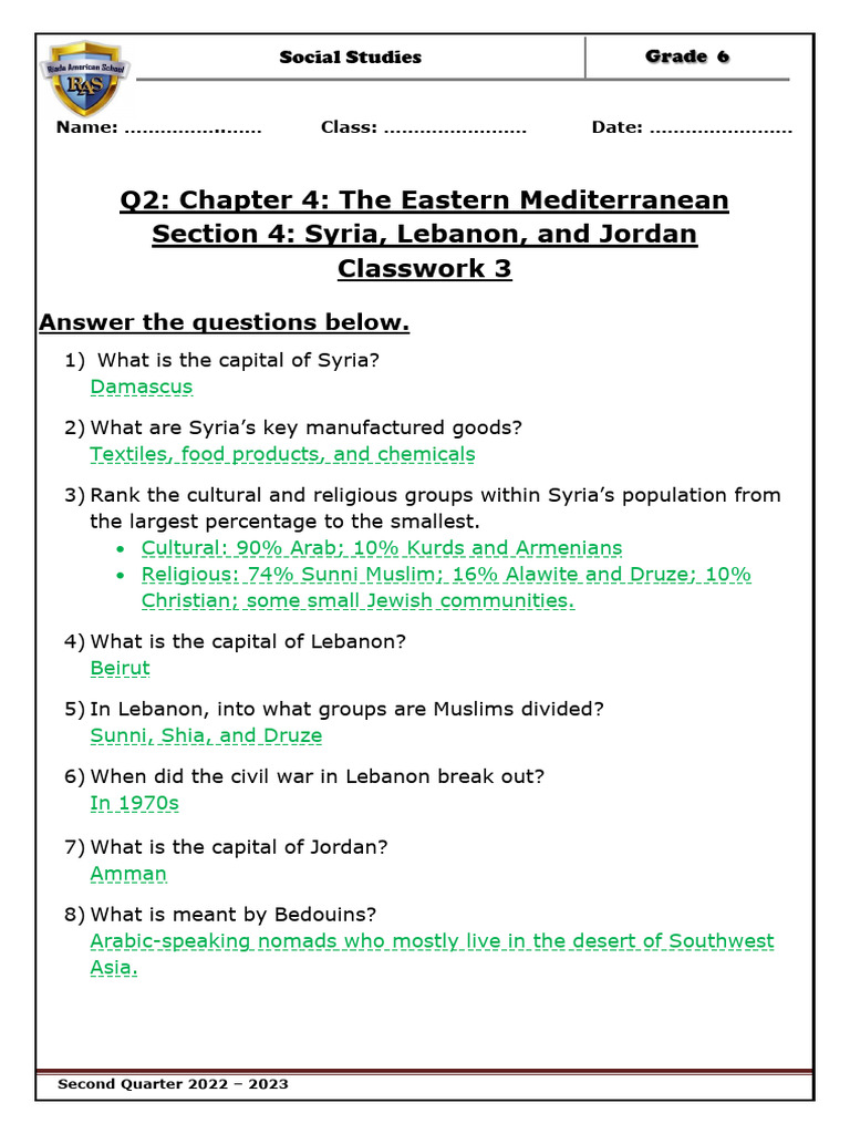Grade 6 Quarter 2 Classwork 3 Syria, Lebanon, And Jordan Answers | PDF