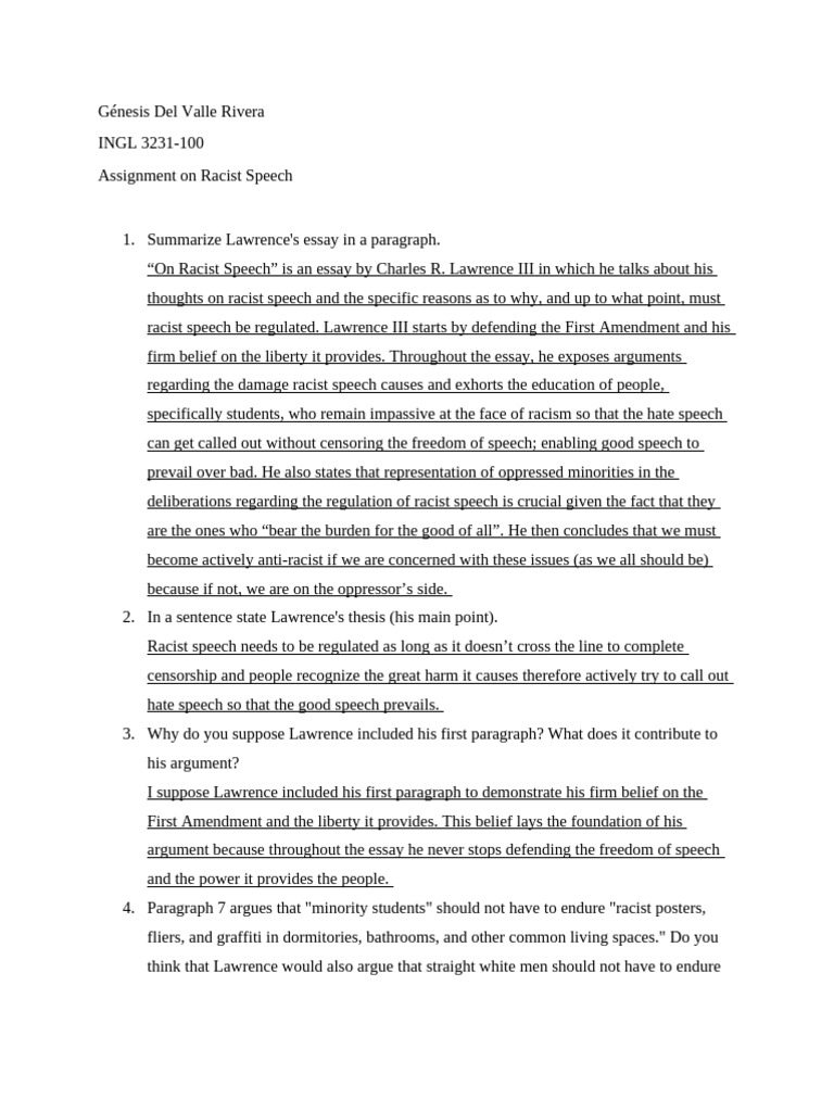 Lawrence on Regulating Racist Speech | PDF | Harassment | Discrimination