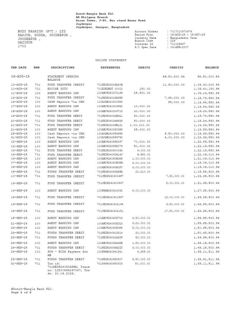 Fund Transfer Statement: Aug-Nov 2025 | PDF | Banks | Debit Card