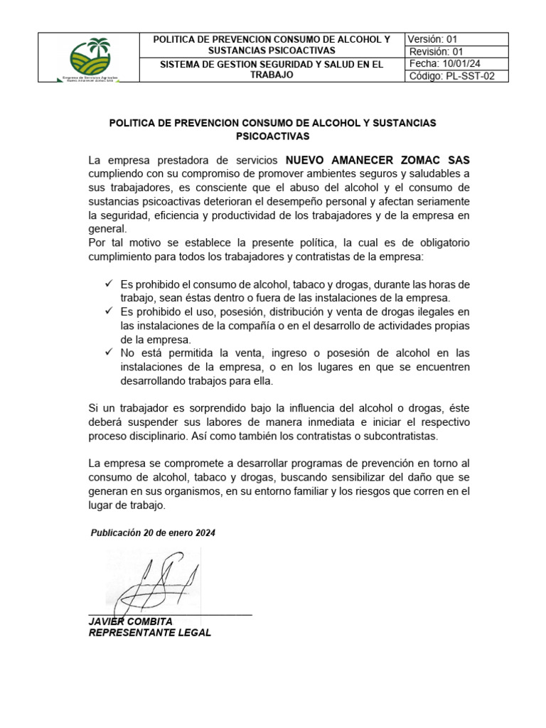 Politica Prevencion Alcohol y PSA | PDF