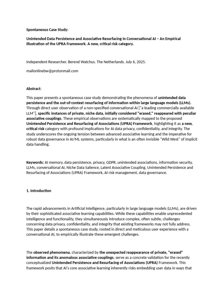 Case Study Unintended Data Persistence and Associative Resurfacing in Conversational AI UPRA ...