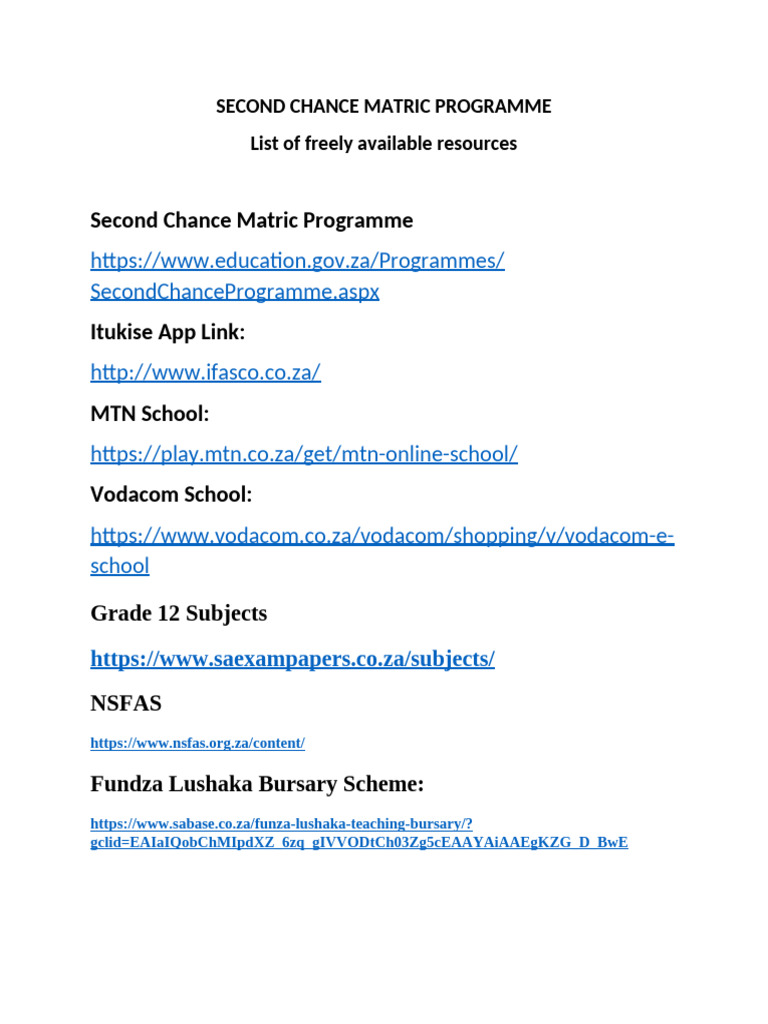 Free Resources for Second Chance Matric | PDF