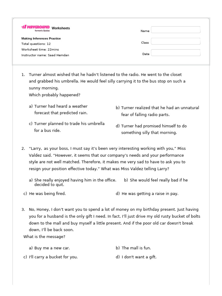 Inference Worksheets for Practice | PDF | Spider Web