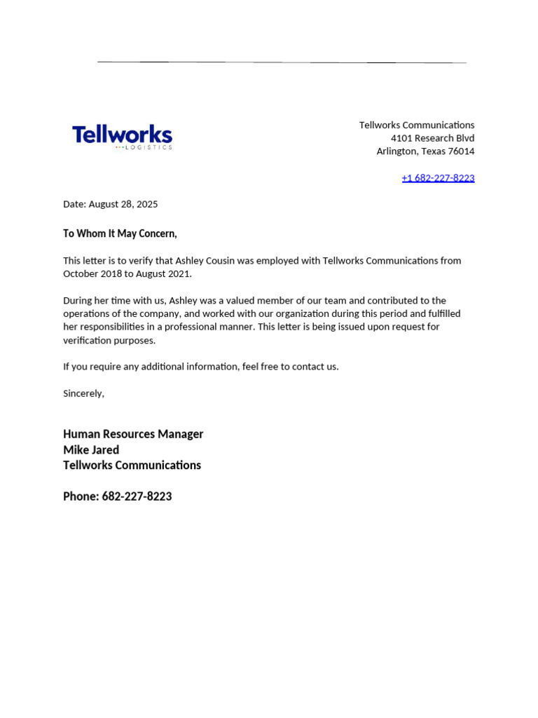 Employment Verification for Ashley Cousin | PDF