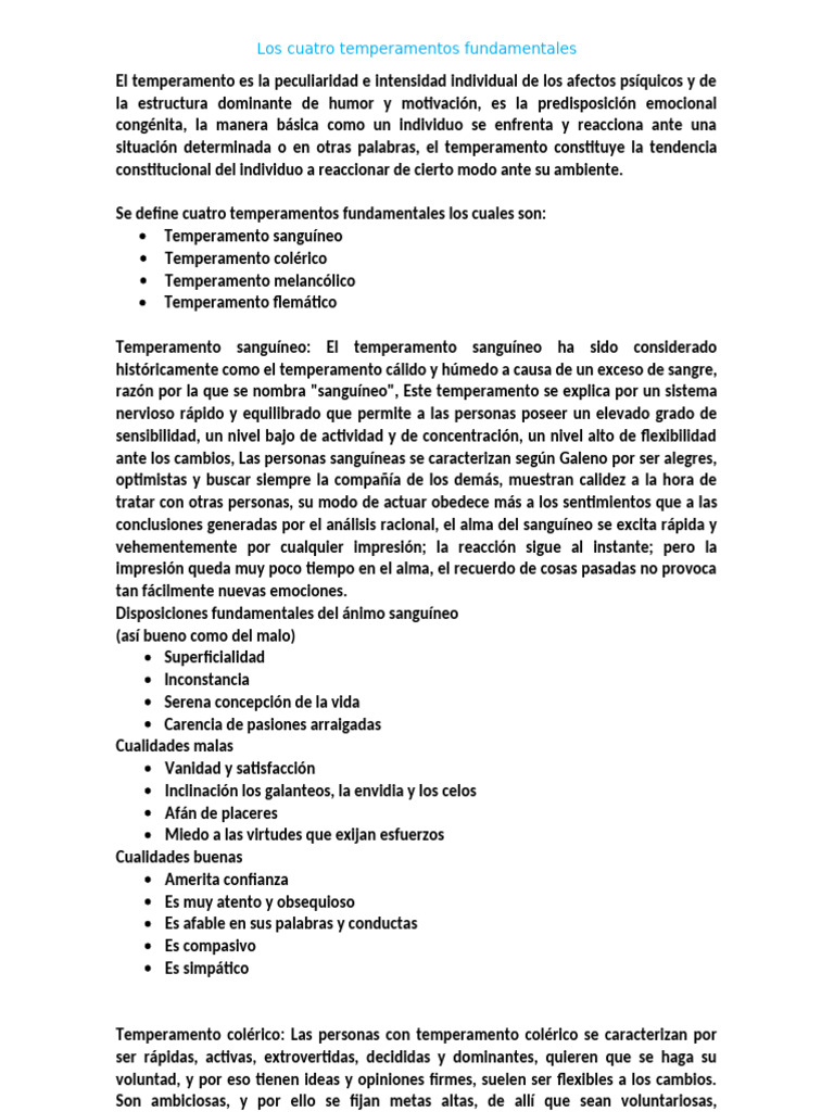 Cuatro temperamentos: sanguíneo, colérico, melancólico y flemático ...