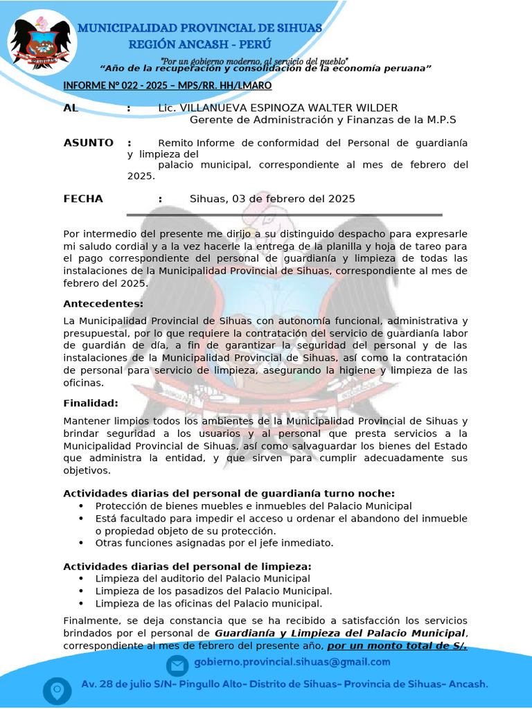 Informe Nº022-2025-Rrhh-remito Conformidad de Servicio de Guardiania y Limpieza | PDF