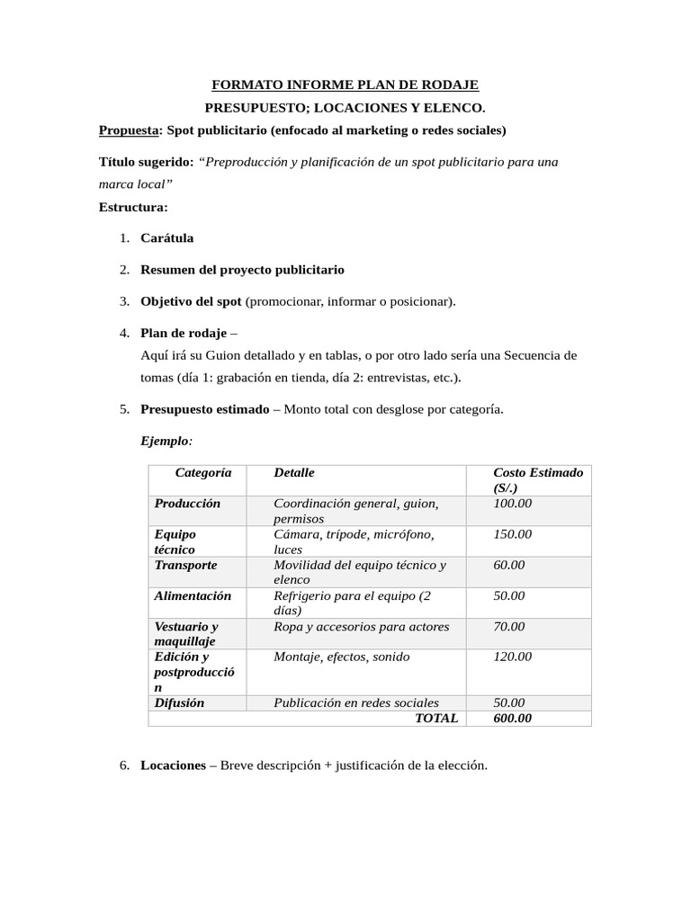 Formato Informe Plan de Rodaje | PDF