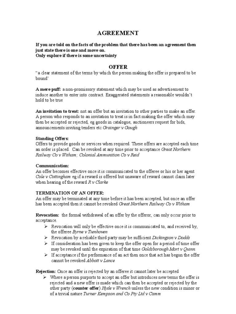 Contracts Summary | Contractual Term | Offer And Acceptance
