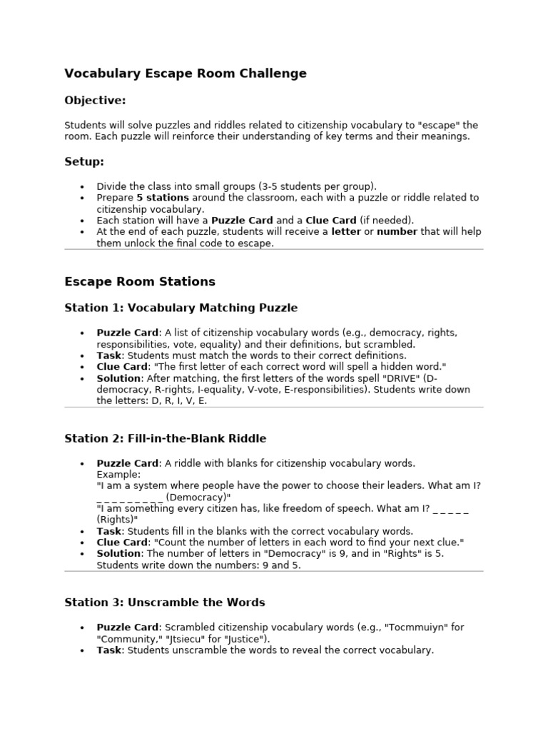 Citizenship Vocabulary Escape Room Challenge | PDF | Crossword ...