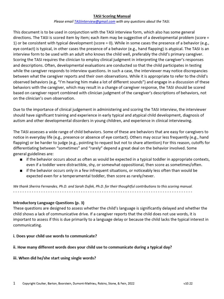 Toddler Autism Symptom Inventory (TASI) Manual v10.22 | PDF | Autism | Stimulus (Physiology)