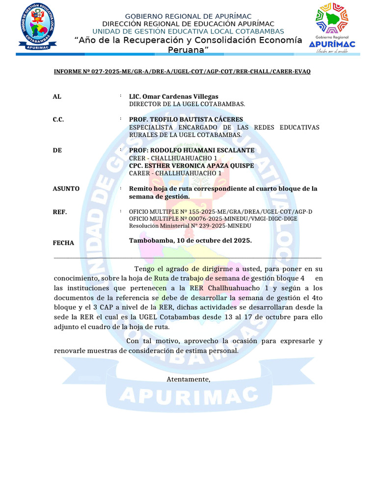 Plantilla Hoja de Ruta de La Rer - Challhuahuacho - Octubre | PDF