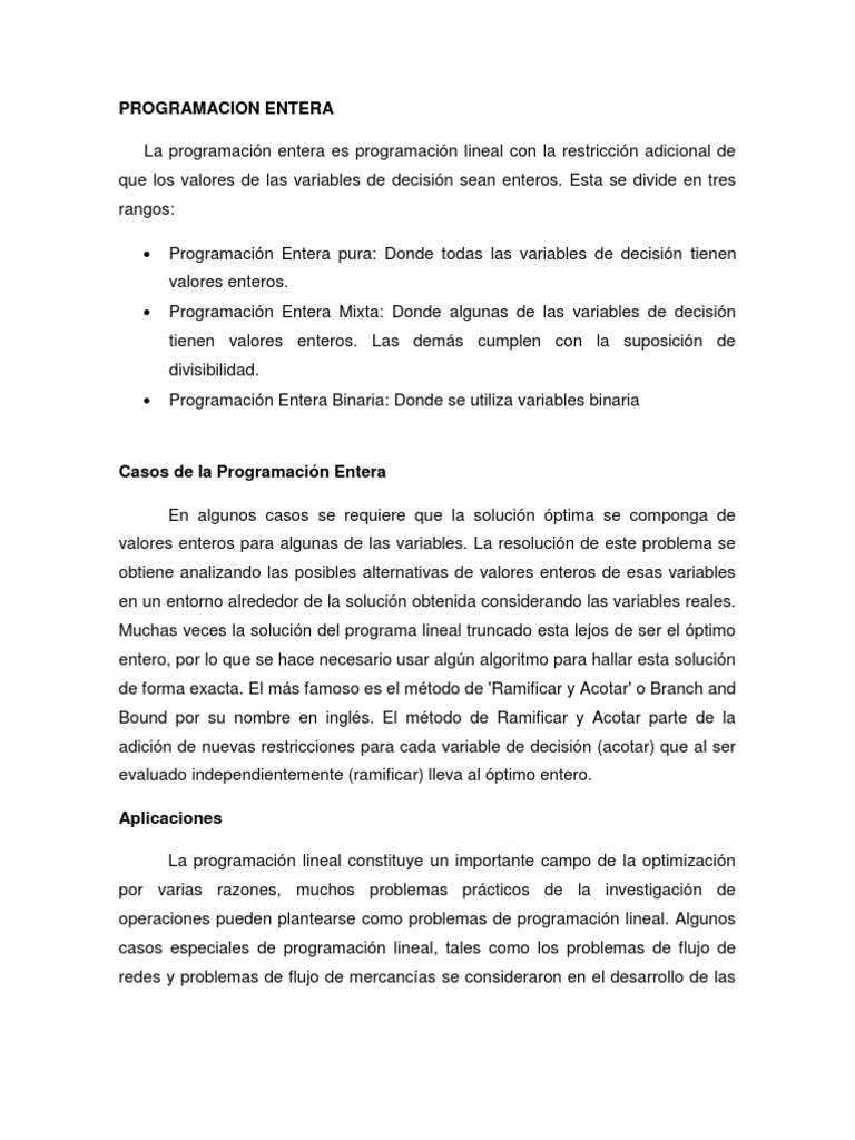 Programacion Entera | PDF | Programación lineal | Matemáticas discretas