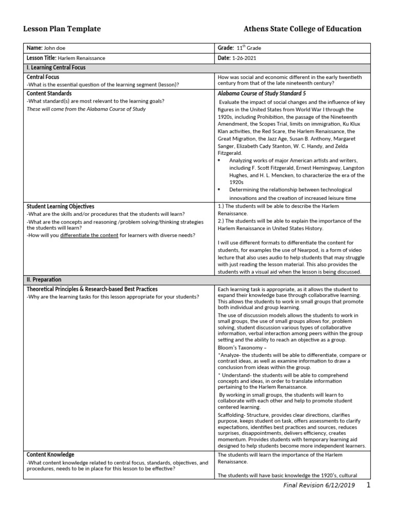 2-13 - 21 Lesson Plan Template - Harlem Renaissance | PDF | Learning ...