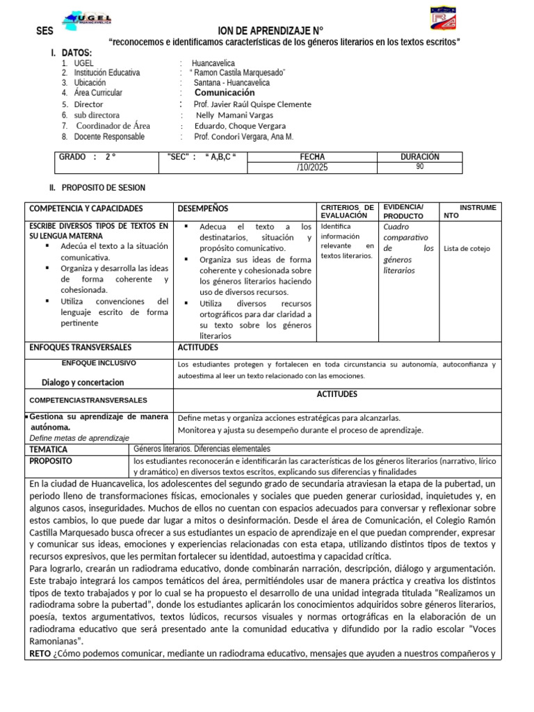 sesion 01 - IV UNID - 2° grado GEN LIT 2025 | PDF | Poesía | Narración