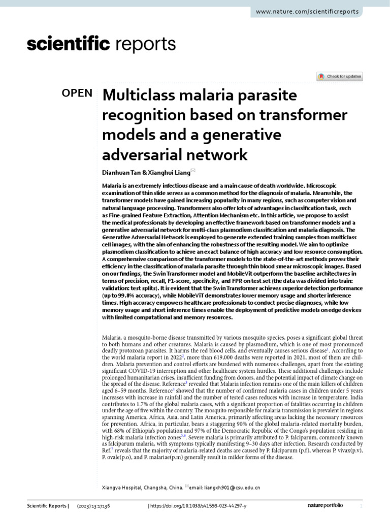Multiclass Malaria Parasite Recognition Based On Transformer Models and ...