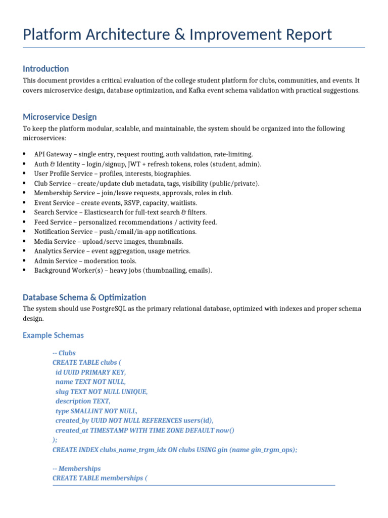 College Student Platform Architecture Report | PDF | Postgre Sql ...