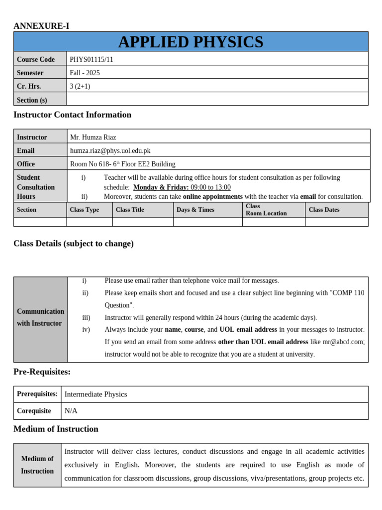 Course Outline (Applied Physics) Final | PDF | Physics