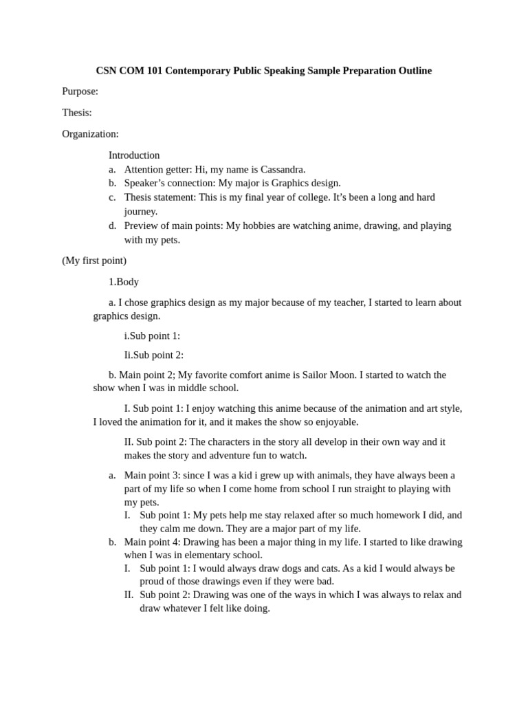 CSN COM 101 Contemporary Public Speaking Sample Preparation Outline | PDF