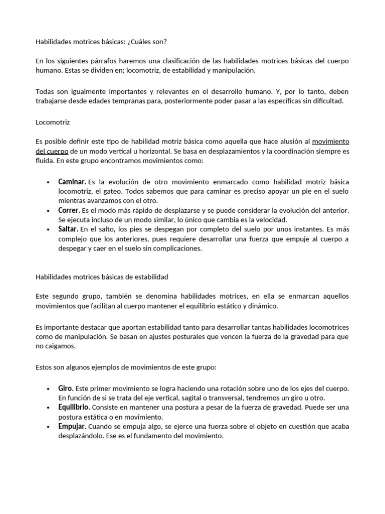 Habilidades Motrices Básicas Explicadas | PDF | Fuerza | Mecánica