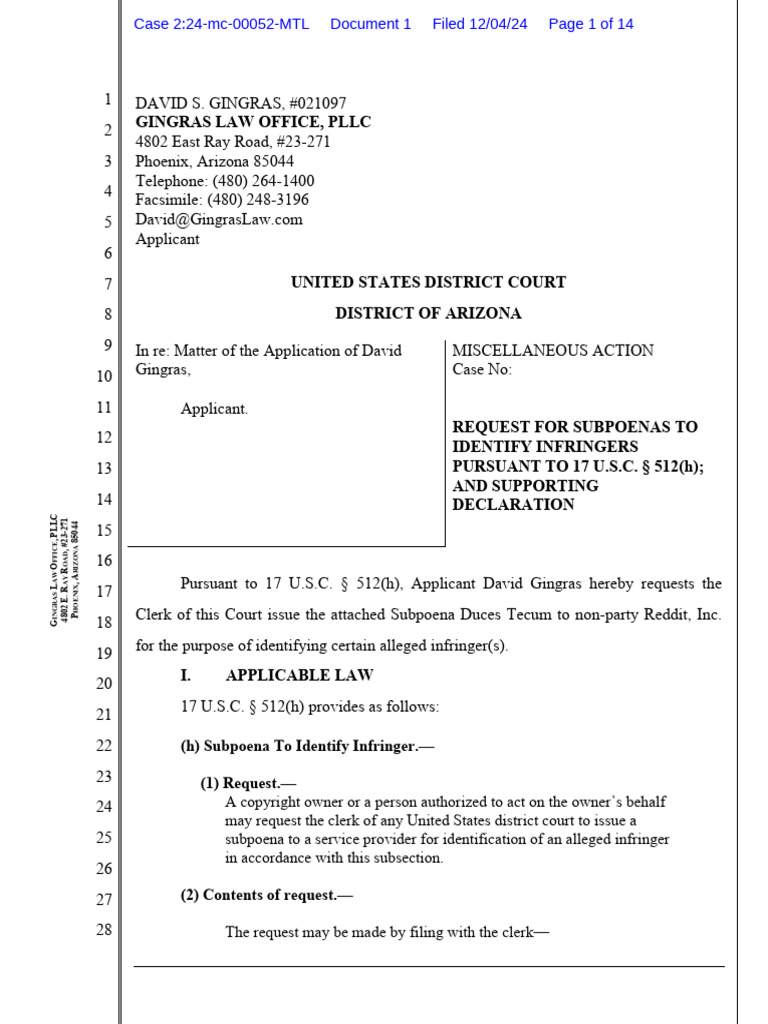 David Gingras Reddit SUBPOENA Request and Supporting Declaration | PDF ...