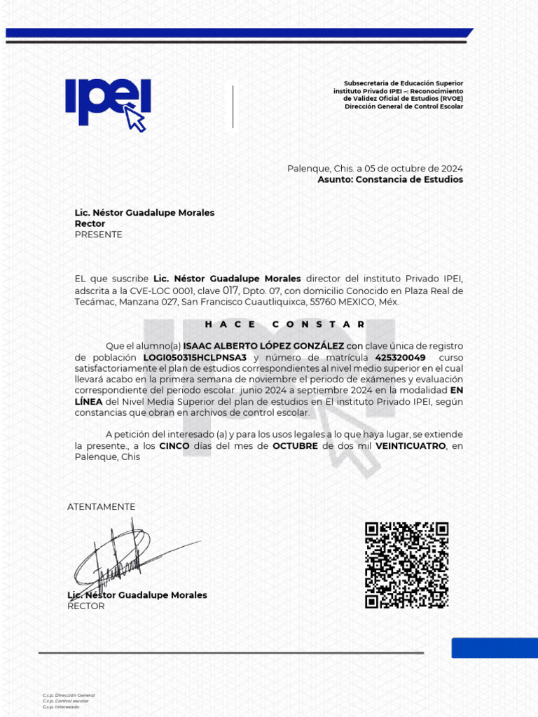 Constancia de Estudios IPEI 2024 | PDF