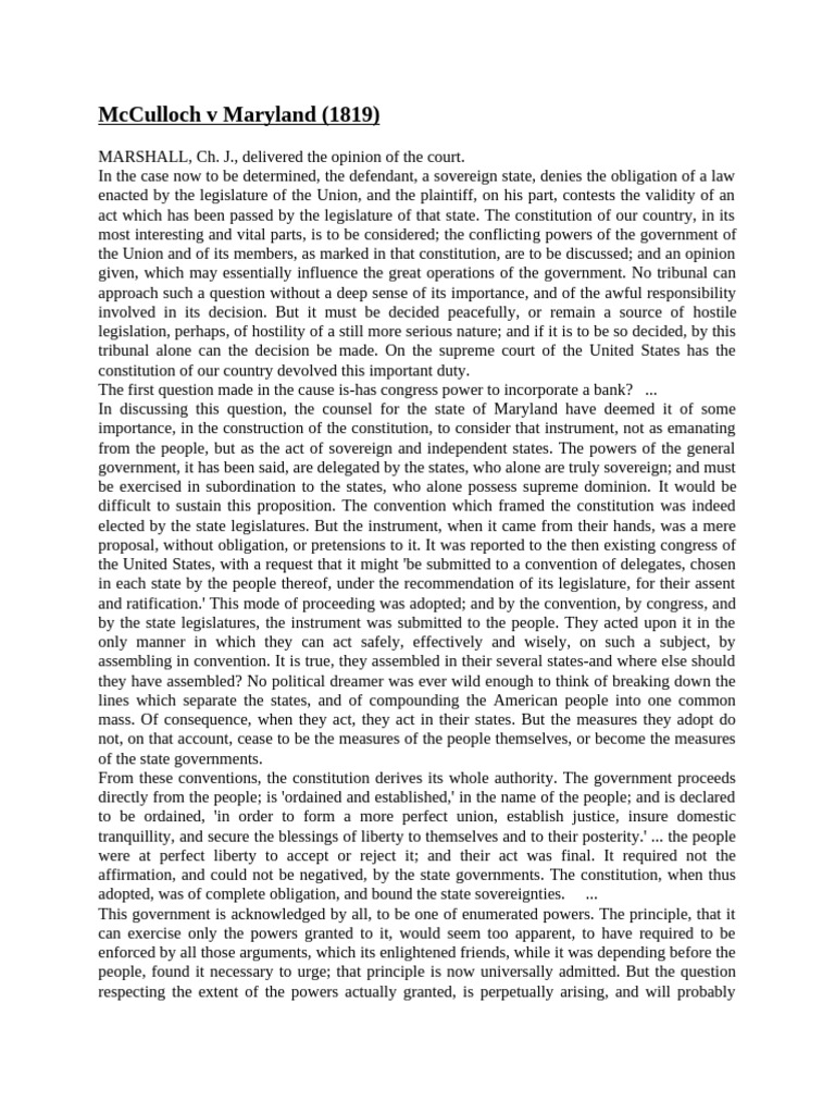 McCulloch v Maryland Case Summary | PDF | Necessary And Proper Clause ...