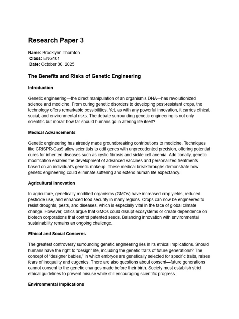 The Benefits and Risks of Genetic Engineering | PDF | Genetic ...