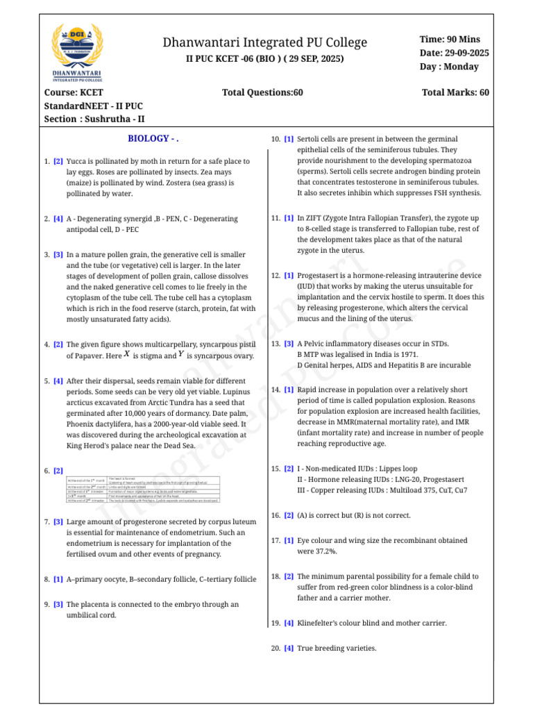 II Puc Kcet - 06 (Bio) (29 Sep, 2025) - Solutions | PDF | Parasitism ...