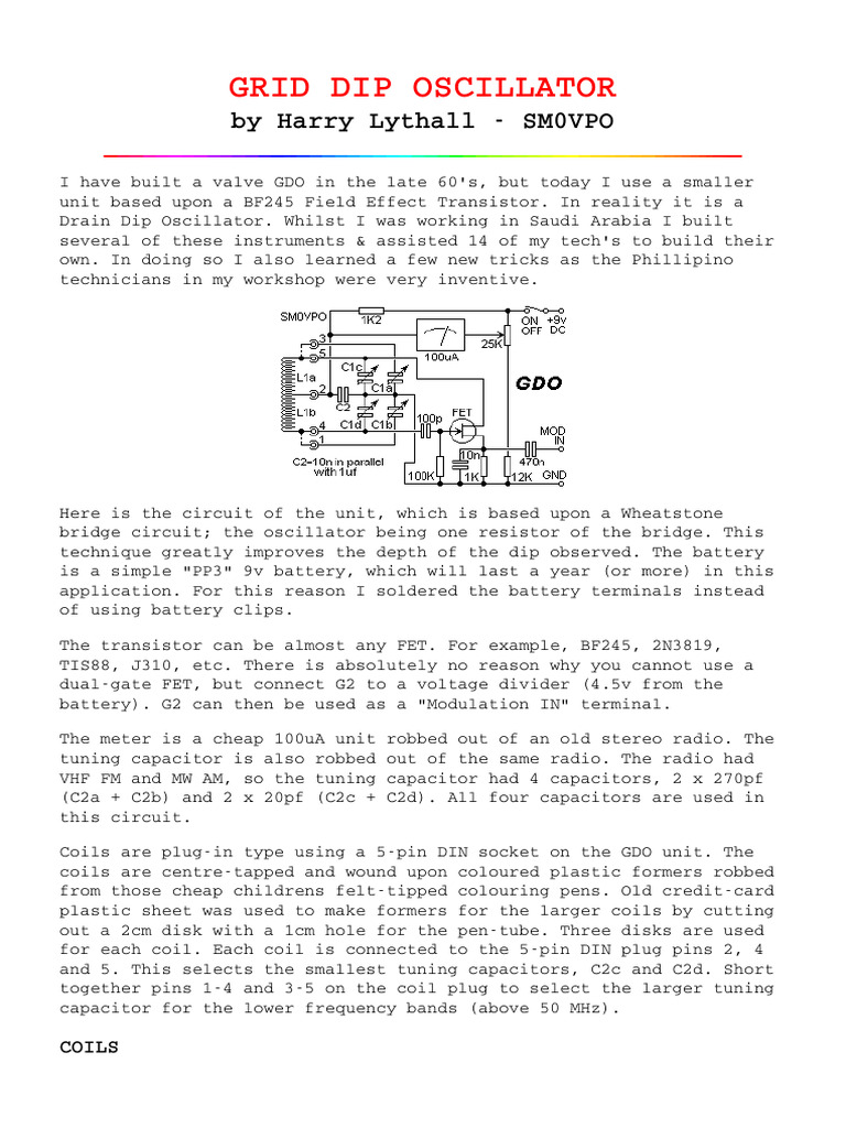 Grid Dip Oscillator by Sm0vpo | PDF | Inductor | Field Effect Transistor