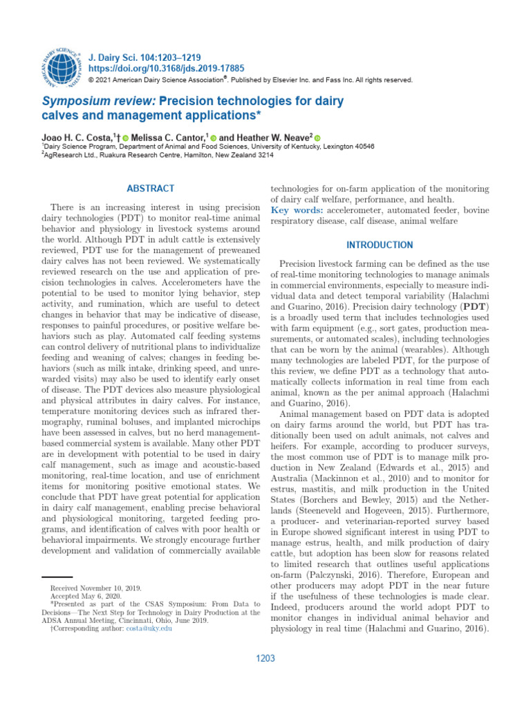 Symposium Review Precision Technologies For Dairy Calv 2021 Journal of ...