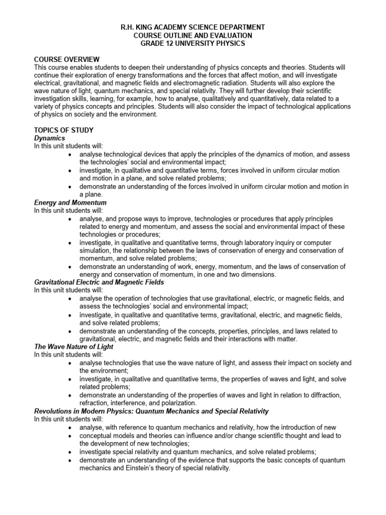 SPH4U Physics 12 Course Outline - KING | PDF | Physics | Science