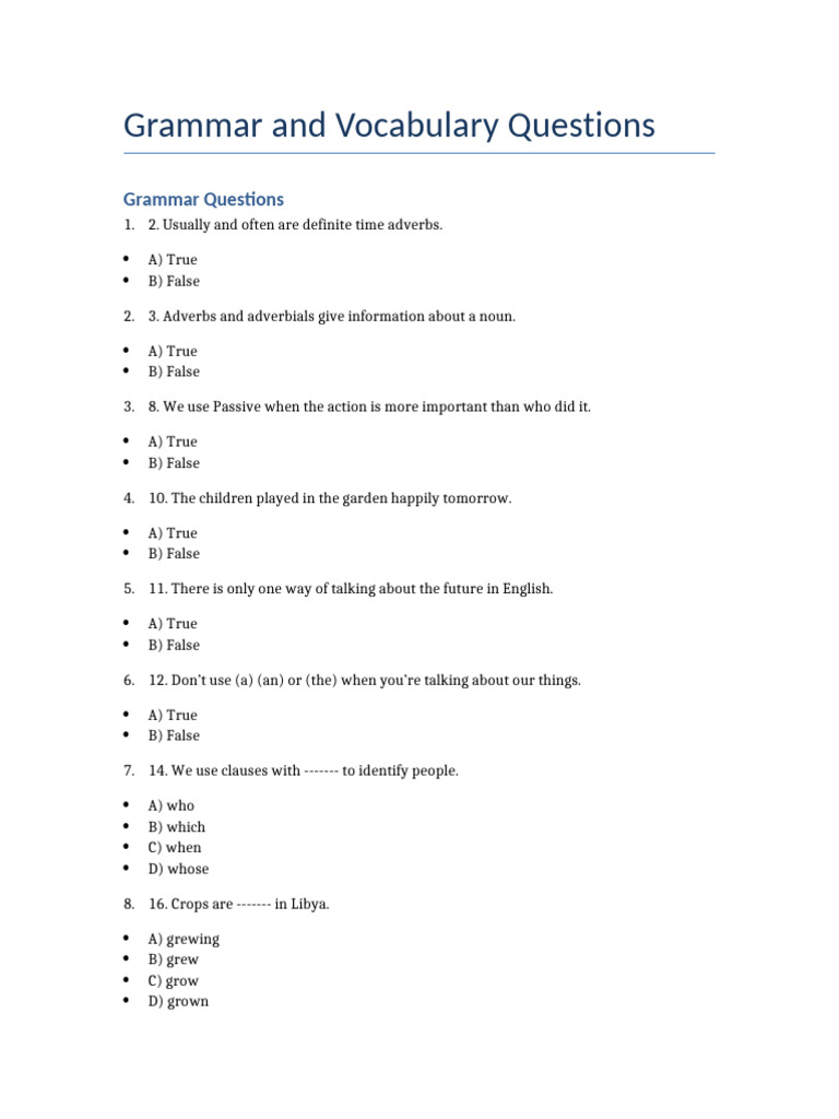 Grammar and Vocabulary Quiz Questions | PDF