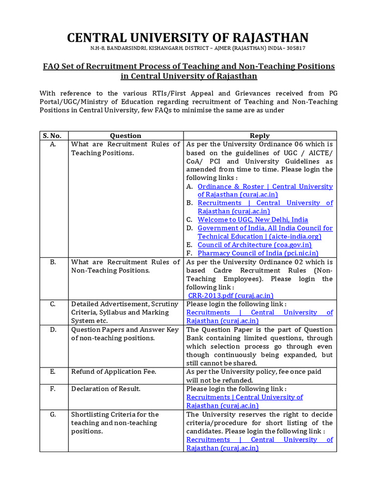 FAQ Set of Recruitment Process of Teaching and Non-Teaching Positions in Central University of ...