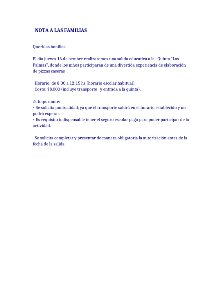 Nota A Las Familias Salida Educativa Las Palmas | PDF