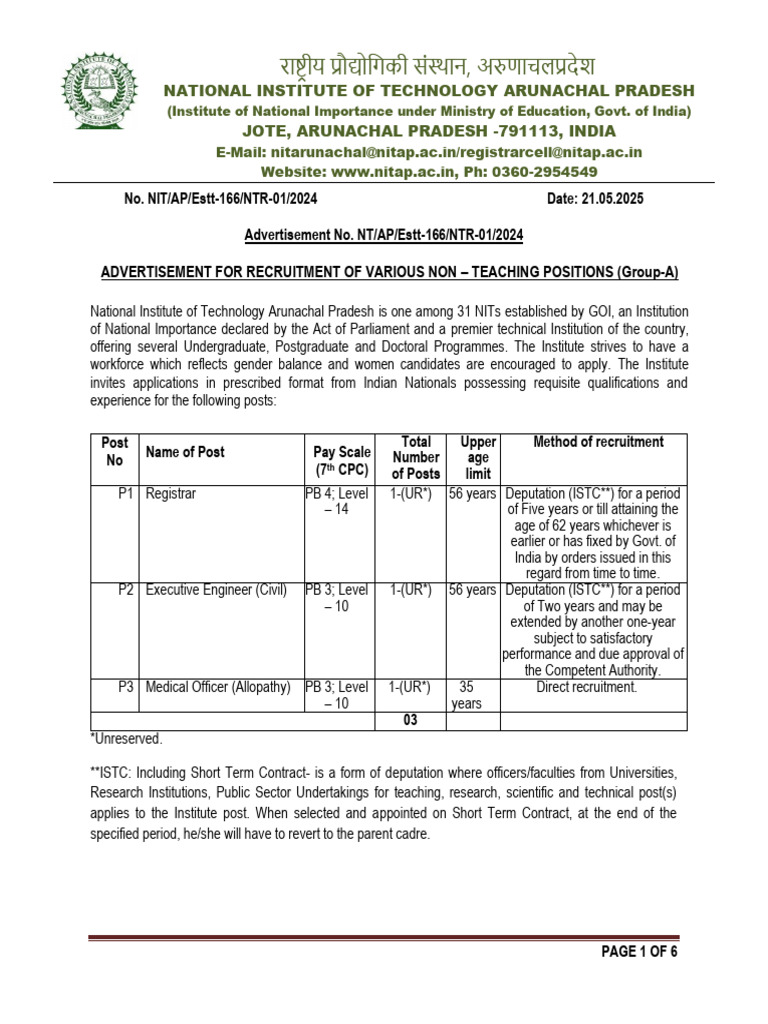 NIT Arunachal Pradesh Non-Teaching Jobs | PDF