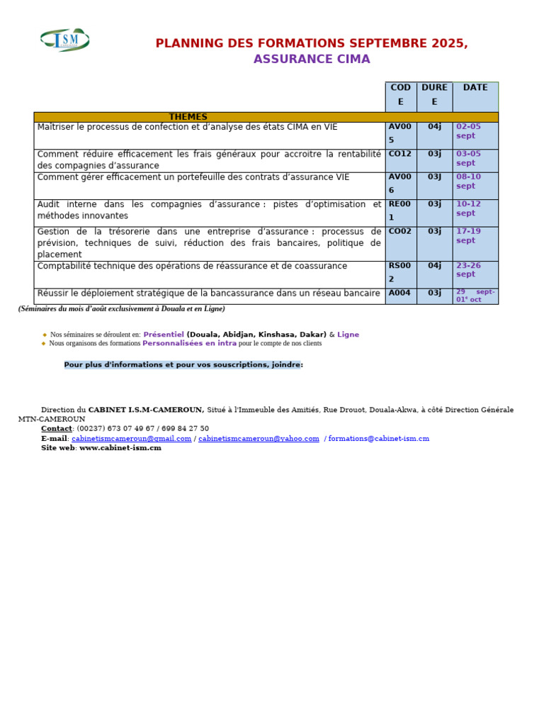 Thèmes Sept 2025 Assurance Cima, Cabinet I.s.m-Cameroun | PDF ...