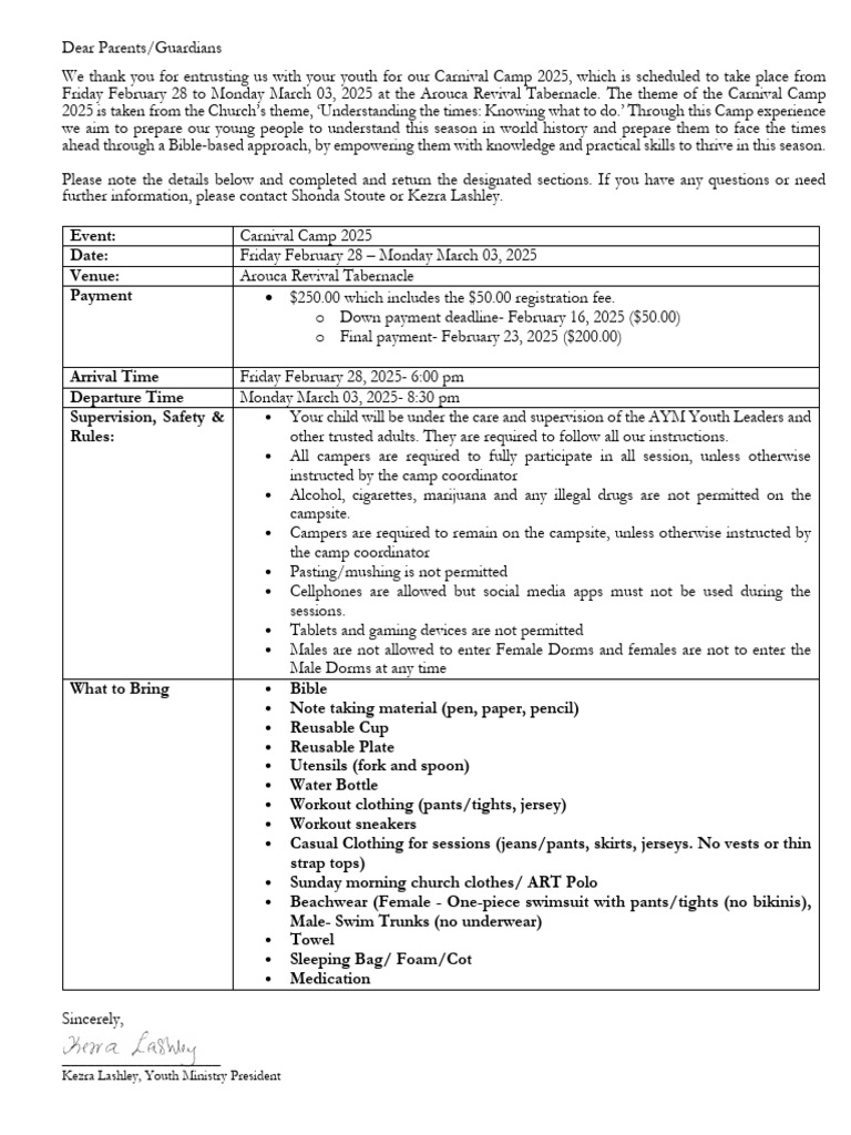 Carnival Camp 2025 Registration Form | PDF