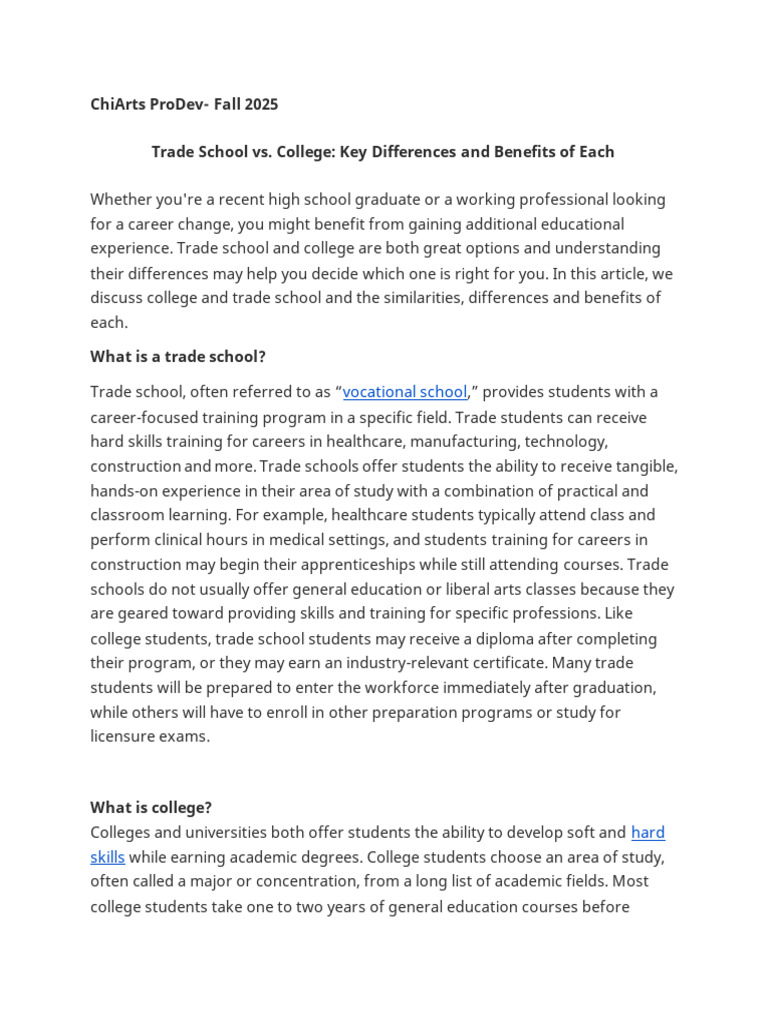 Trade School Vs College | PDF | University And College Admission ...