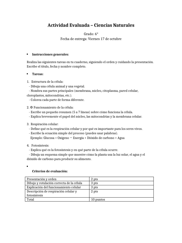 Actividad Evaluada Ciencias 6grado | PDF