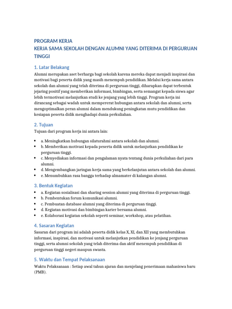 Program Kerja Kerja Sama Sekolah Dengan Alumni PT | PDF