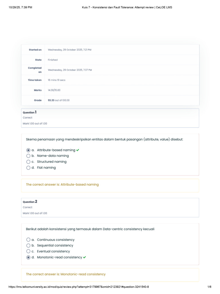 Kuis 7 - Konsistensi Dan Fault Tolerance - Attempt Review - CeLOE LMS | PDF | Computer Data ...