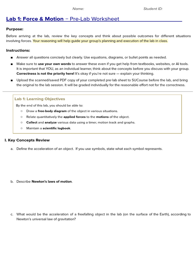 Lab 1 - Pre-Lab Worksheet | PDF | Force | Mass