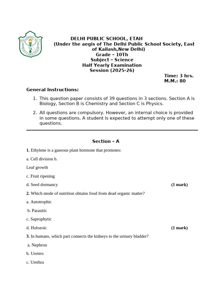 Half Yearly Question Paper Class 10th 20-09-2025 | PDF | Acid | Sodium ...