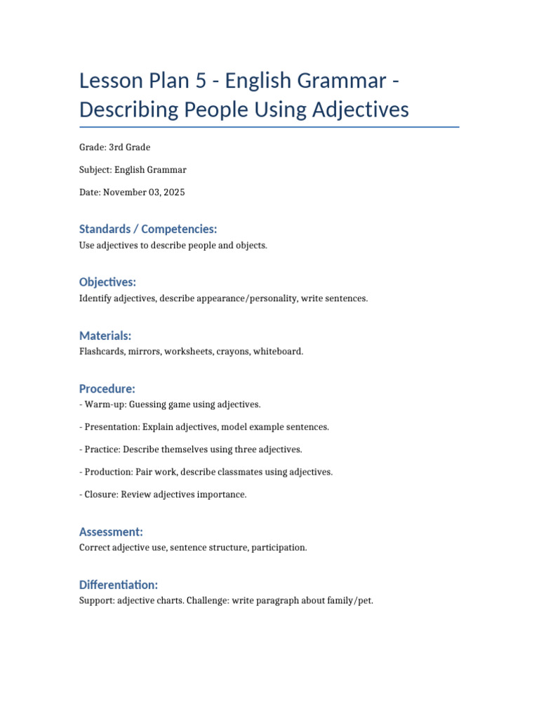 Lesson Plan 5 - English Grammar - Describing People Using Adjectives | PDF