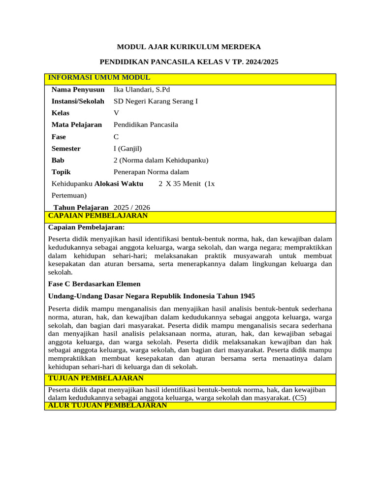 Kelas V Modul Ajar Pend Pancasila Macam Macam Norma 3 | PDF