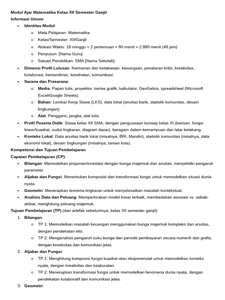 Modul Ajar Matematika Kelas XII Semester Ganjil | PDF