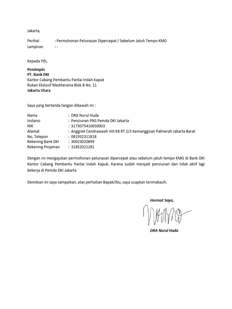 Permohonan Pelunasan KMG Bank DKI | PDF