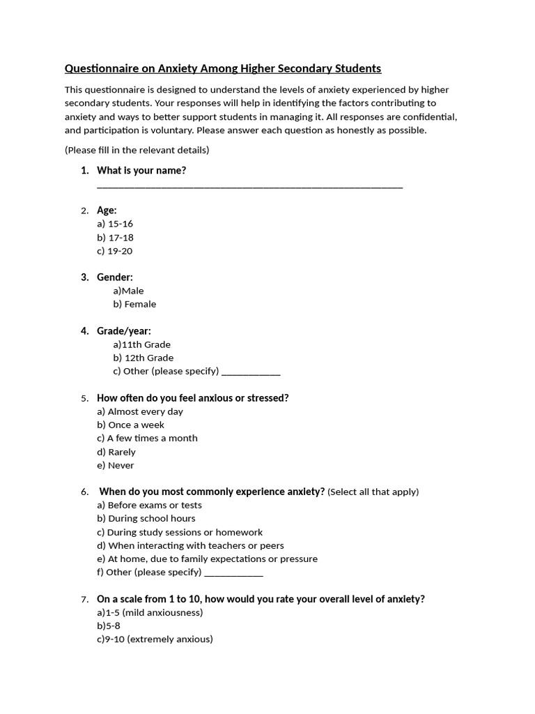 Anxiety Questionnaire for Students | PDF | Anxiety | School Counselor