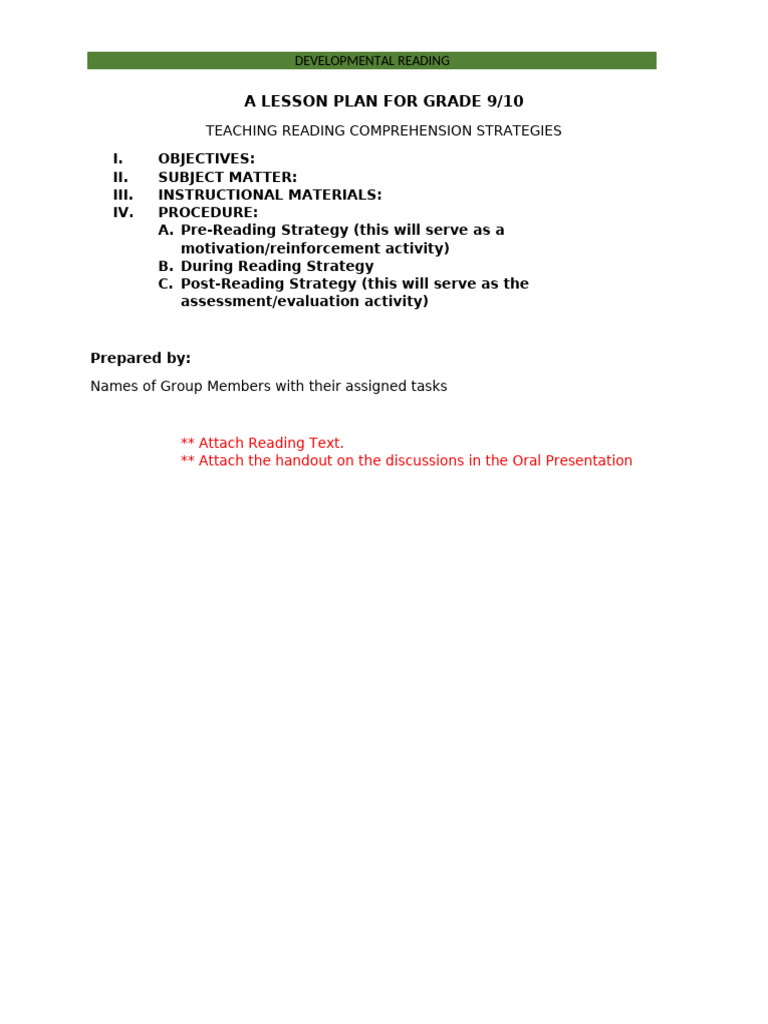 Lesson Plan Template For Reading Comprehension | PDF