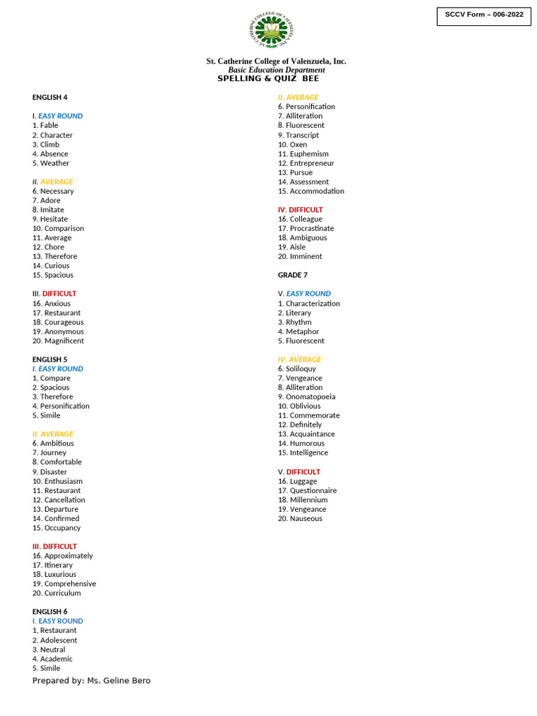 Spelling & Quiz Bee for English Grades 4-7 | PDF | Poetry | Verb